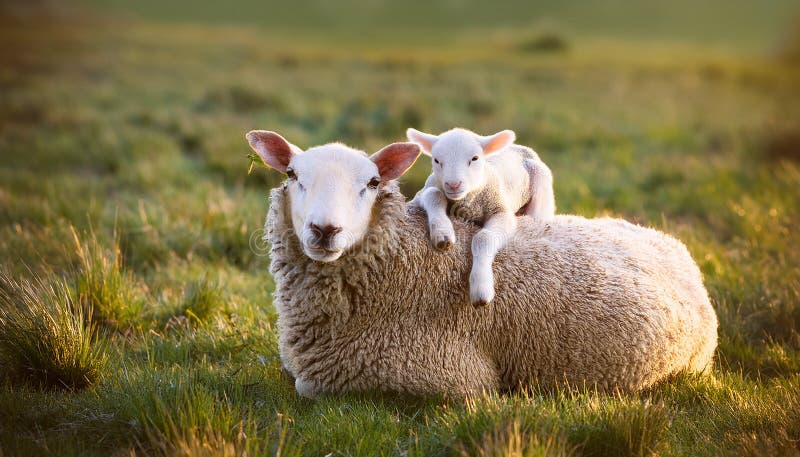 Resigned. Sheep Lying in a Field in Spring with a Lamb Climbing on Its ...