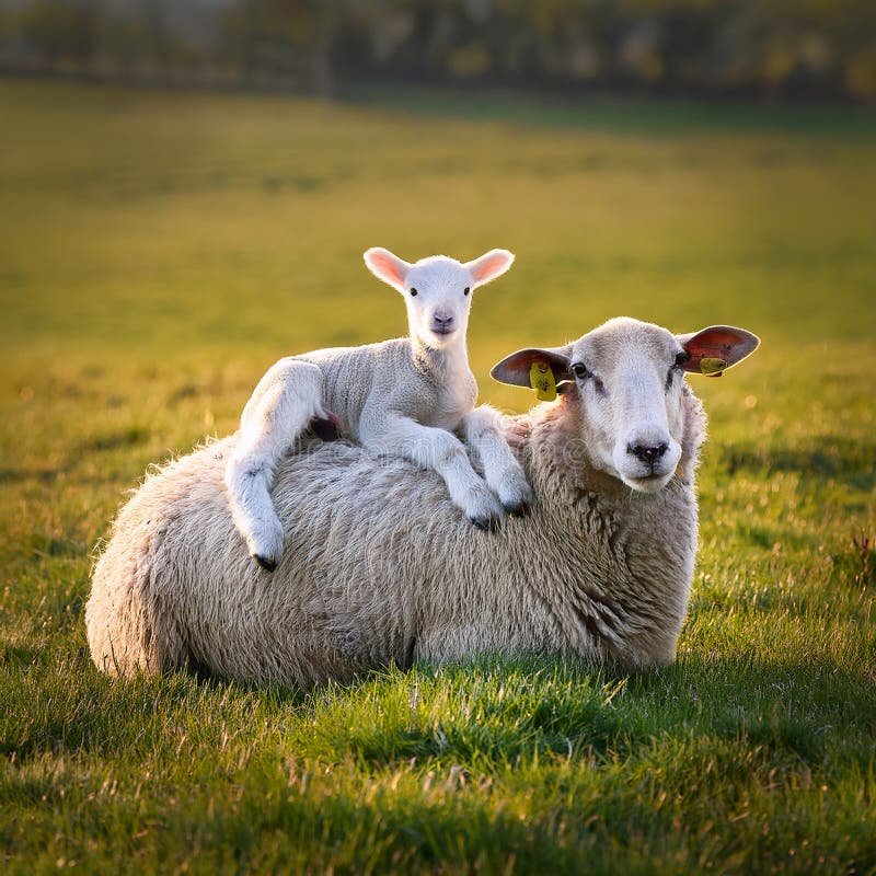 Resigned. Sheep Lying in a Field in Spring with a Lamb Climbing on Its ...