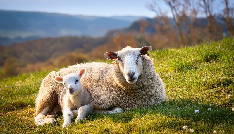 Resigned. Sheep Lying in a Field in Spring with a Lamb Climbing on Its ...