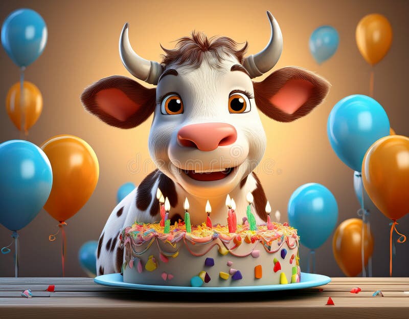 Cow Birthday Card with Balloons and Cake Cartoon Stock Photo - Image of ...