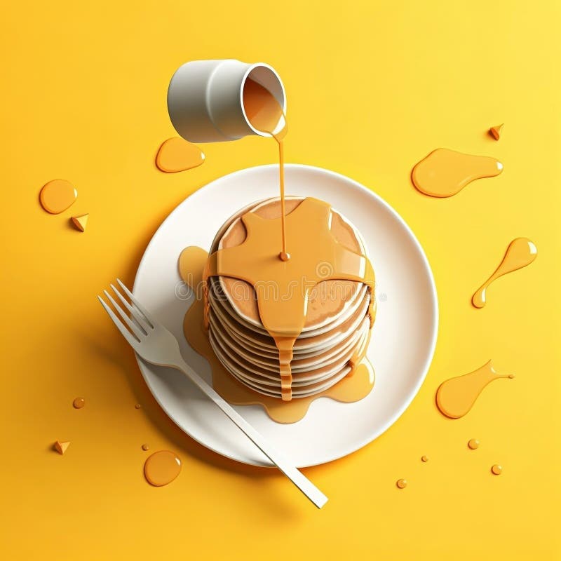 Stack of Pancakes with Chocolate Syrup and Bananas on Plate with Fork ...