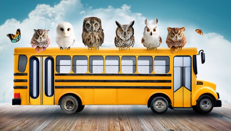 Back To School. School Bus and Four Cute Cartoon Animals and Five Owls ...
