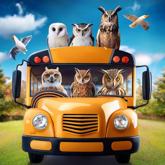 Back To School. School Bus and Four Cute Cartoon Animals and Five Owls ...