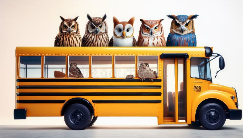 Back To School. School Bus and Four Cute Cartoon Animals and Five Owls ...