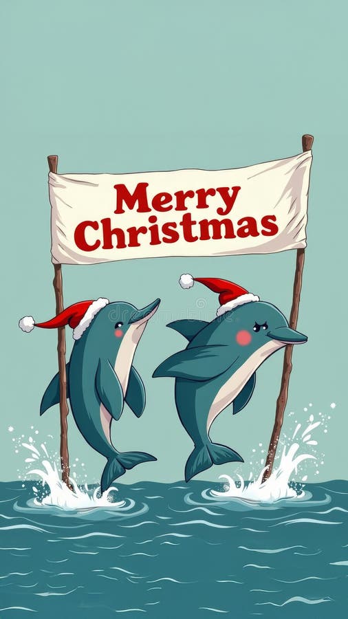 Dolphins with Santa Hat Leaping from the Ocean and Holding Merry ...