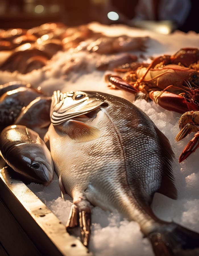 Seafood on Ice at the Fish Market Stock Illustration - Illustration of ...