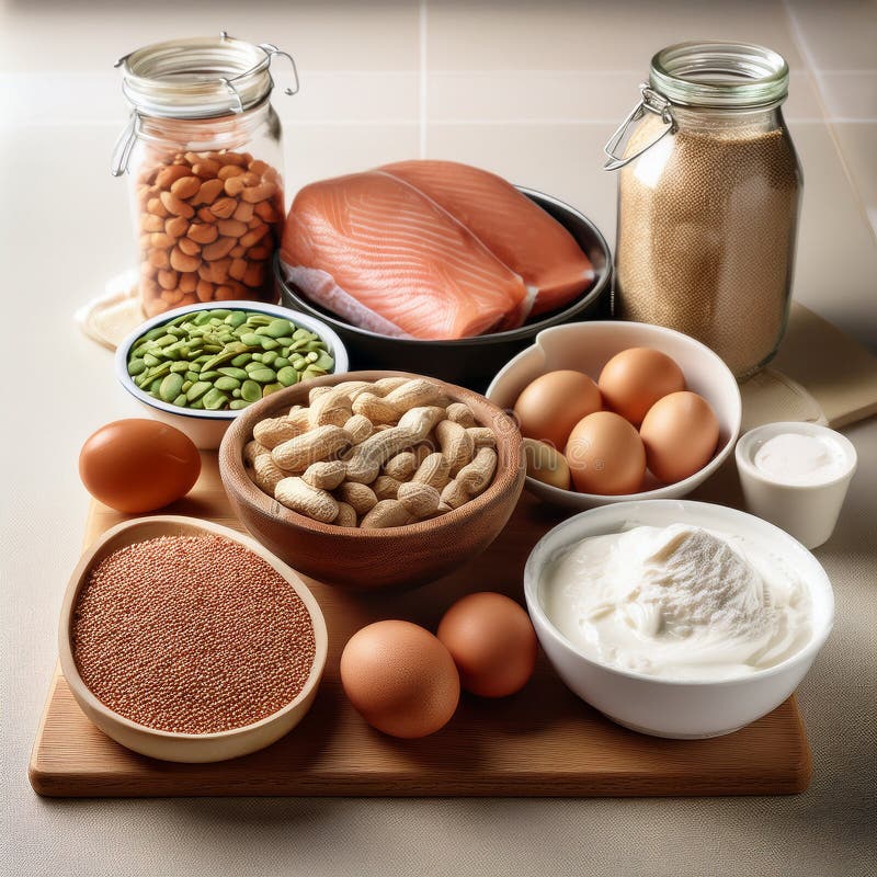 Selection of Protein Sources in Kitchen Background, Closeup Stock ...