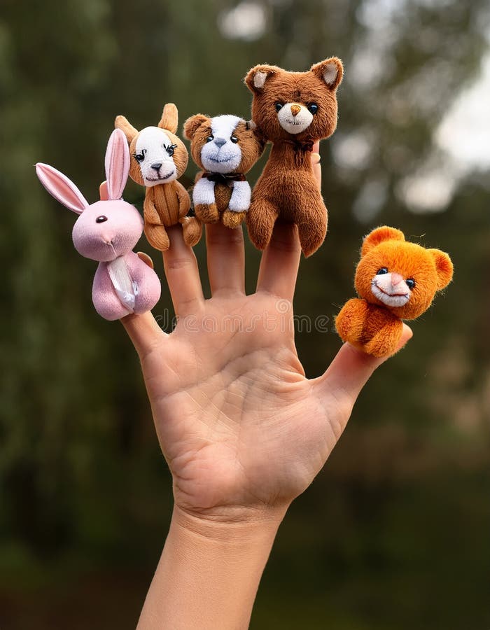 Hand with Animal Puppets. Female Hand Wearing 10 Finger Puppets Stock ...