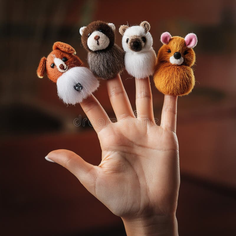 Hand with Animal Puppets. Female Hand Wearing 10 Finger Puppets Stock ...