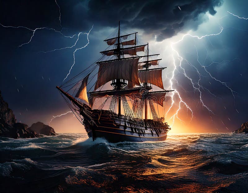 Pirate Ship in a Storm at Sea. Stock Photo - Image of adventure, ocean ...