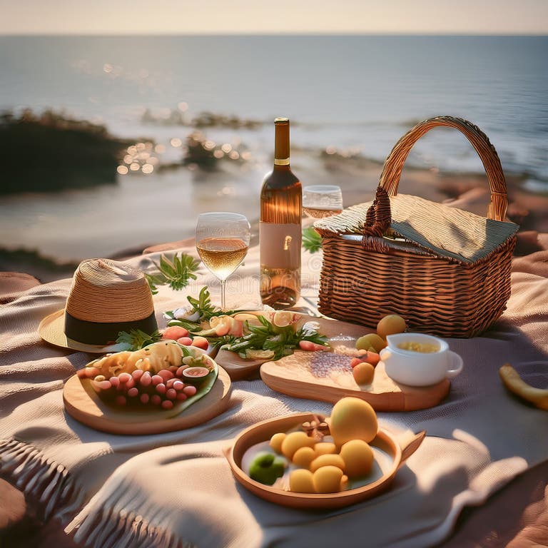 Picnic by the Sea. Picnic Spread Near Water Stock Illustration - Illustration of spread, rolls ...