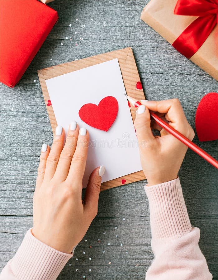 Hand of Girl Writing Love Letter on Valentine Day. Handmade Red Heart ...