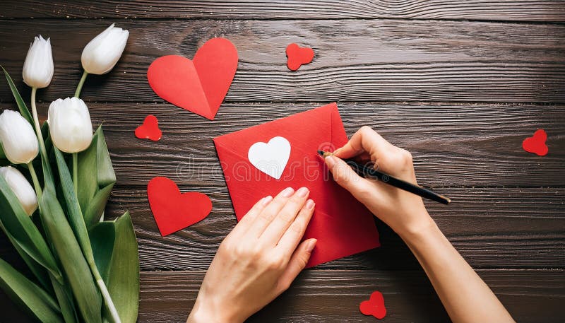 Hand of Girl Writing Love Letter on Valentine Day. Handmade Red Heart ...