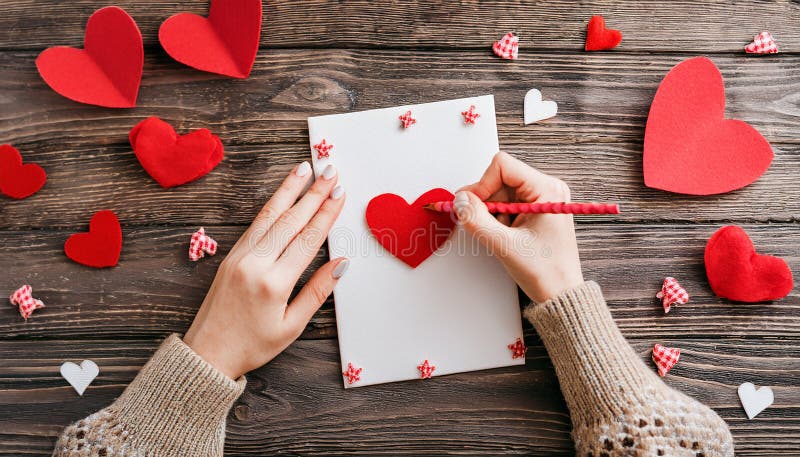 Hand of Girl Writing Love Letter on Valentine Day. Handmade Red Heart ...