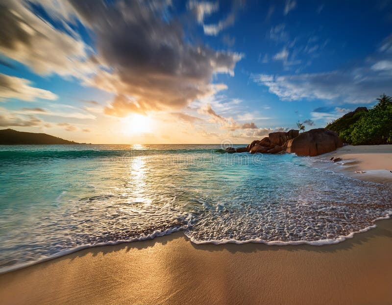 Sunset on Seychelles Beach, Tilt Shift Soft Effect, Africa Stock ...