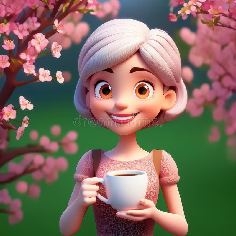 Woman Drinking Coffee Spring Garden Cartoon Stock Photos - Free ...