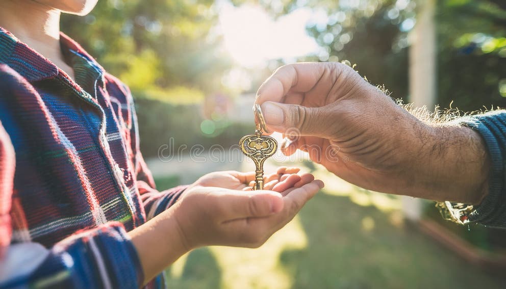 Hand of Father Giving Old Golden Key To Child - Inheritance Concept ...