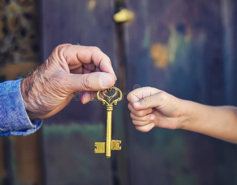 Hand of Father Giving Old Golden Key To Child - Inheritance Concept ...