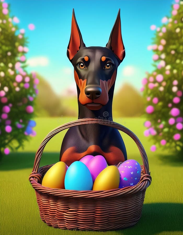 Doberman Dog with Easter Eggs in Basket Cartoon Stock Image - Image of ...