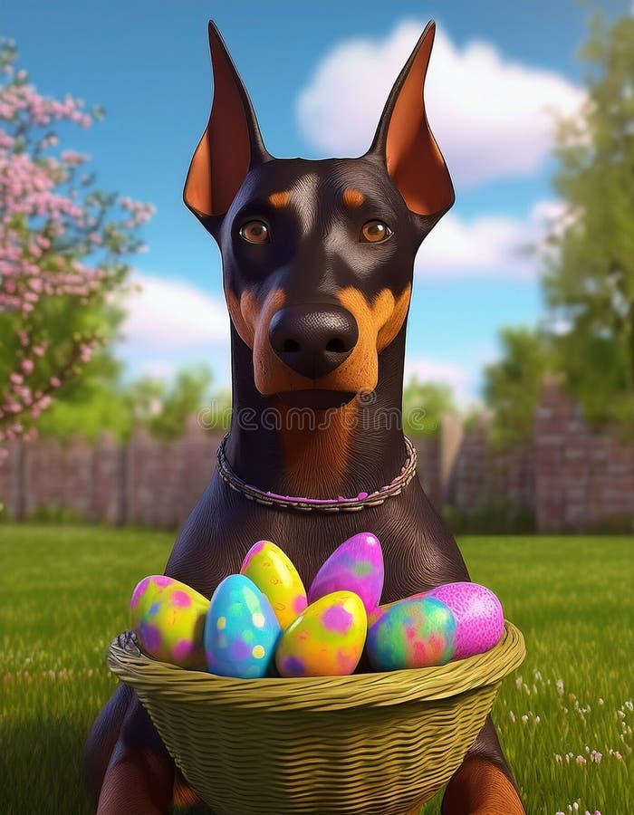 Doberman Dog with Easter Eggs in Basket Cartoon Stock Photo - Image of ...