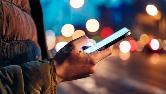 Close-up Hand Using Phone in Night Time on Street Stock Illustration ...