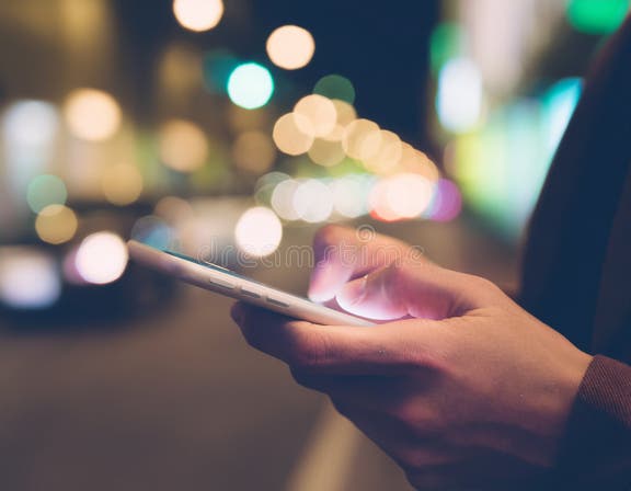 Close-up Hand Using Phone in Night Time on Street Stock Illustration ...