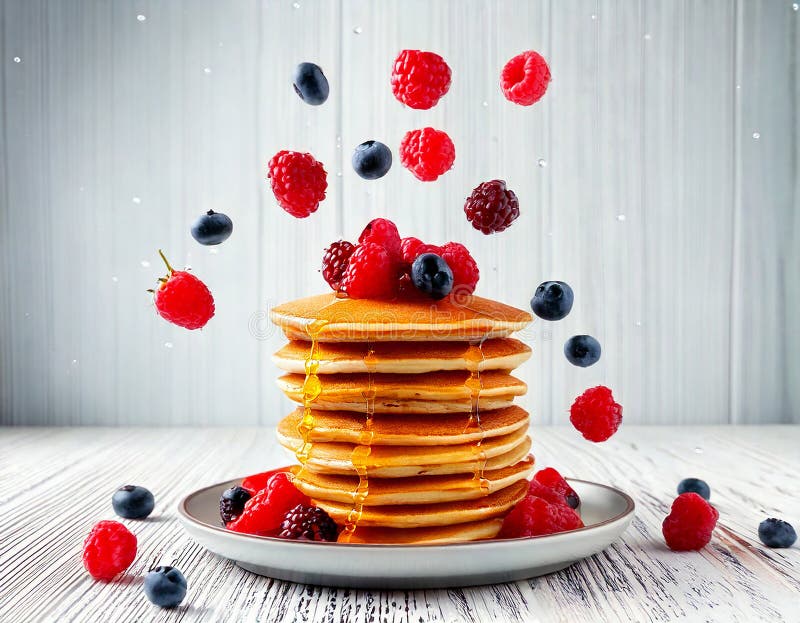 Flying Pancakes and Berries Topped with Honey, Pancake Levitation ...