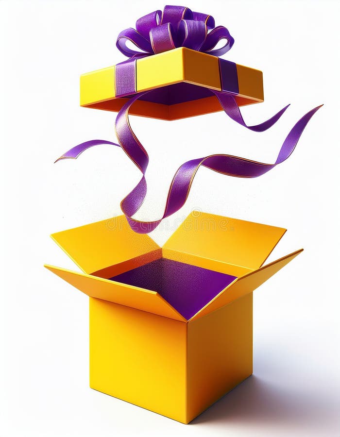Yellow Open Gift Box with Purple Ribbon Isolated on White. Yellow Open ...