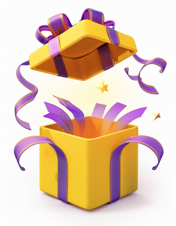 Yellow Open Gift Box with Purple Ribbon Isolated on White. Yellow Open ...