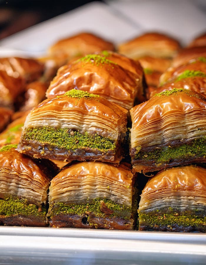 Turkish Baklava with Pistachio and Chocolate on a Counter. Close Up ...