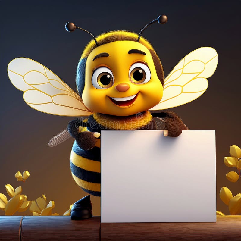 3D Cute, Friendly Honey Bee with a White Advertising Sign Stock ...