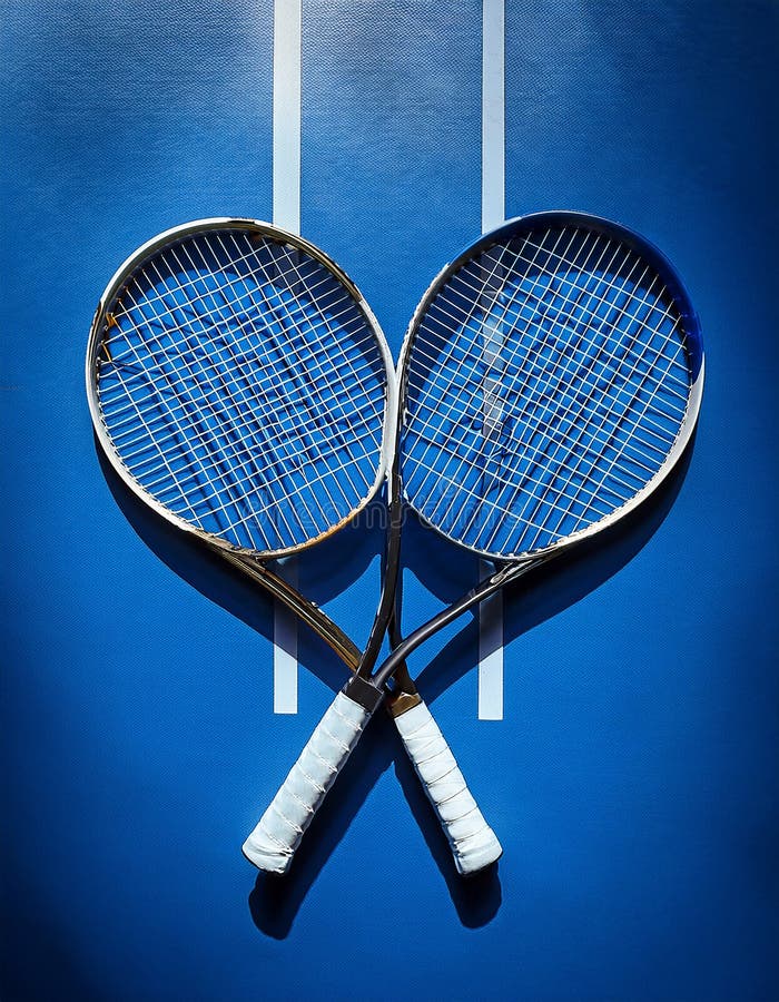 Two Fryed Tennis Rackets on a Blue Tennis Table Background. Stock ...