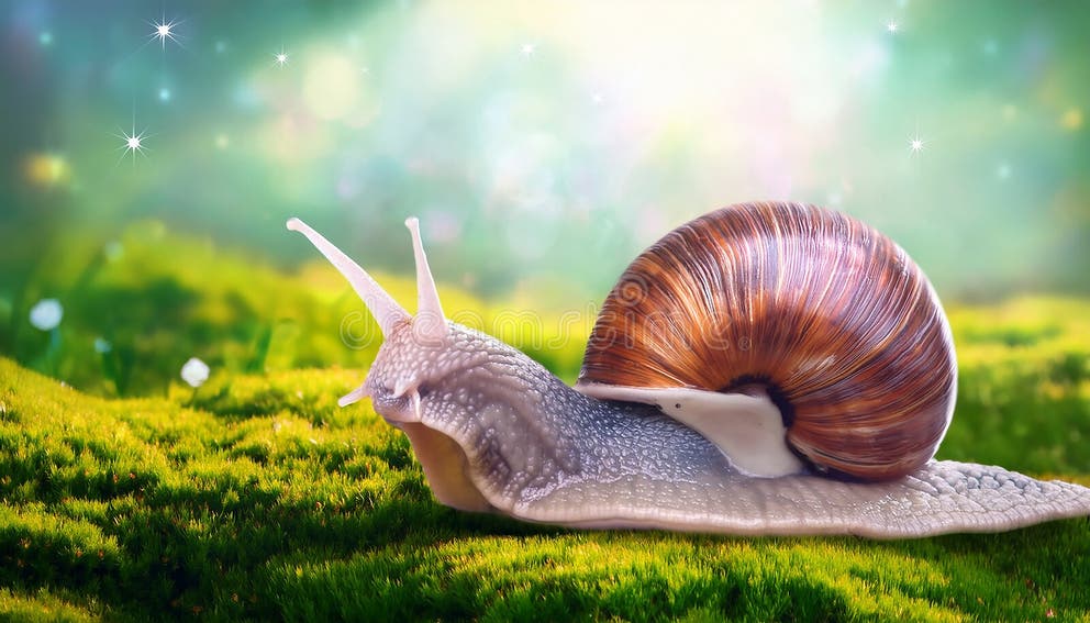 Fantasy World. Magic Snail with Its Shell House Moving on Green Meadow ...