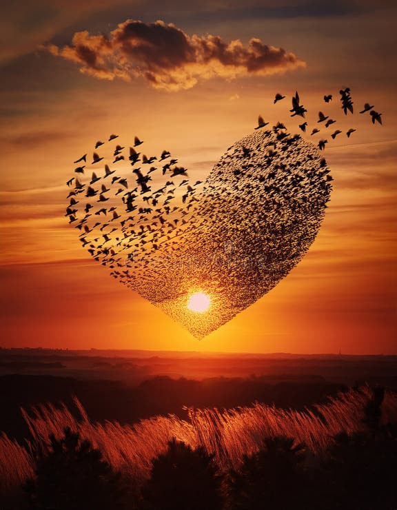 Flock of Birds Forming a Heart. Silhouettes of Flying Flock Birds (in ...