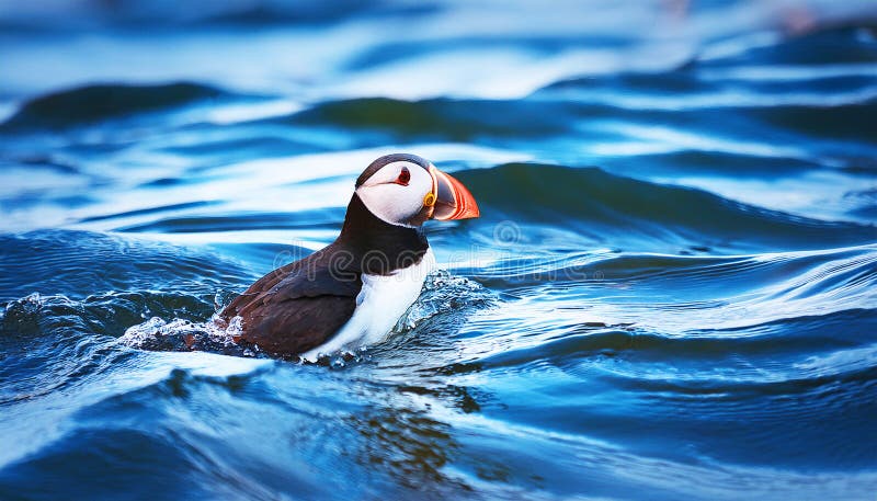 Puffin Swimming Wave, an Atlantic Puffin Swimming on Shimmering Blue ...
