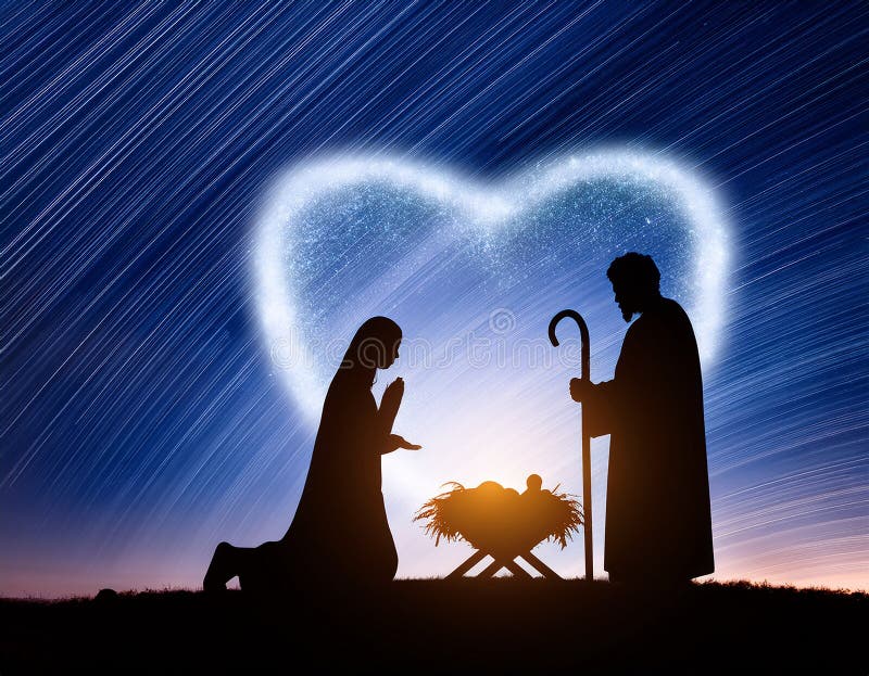 Silhouette Mother Mary and Father Joseph Looking Jesus Born in Birth ...