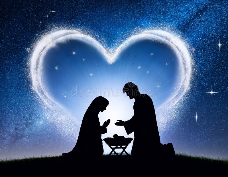 Silhouette Mother Mary and Father Joseph Looking Jesus Born in Birth ...