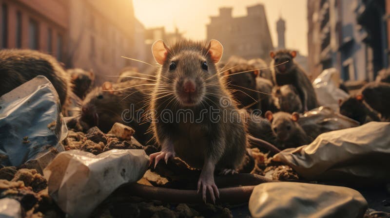 Rats in Urban Street Surrounded by Garbage at Sunset (Generative AI ...
