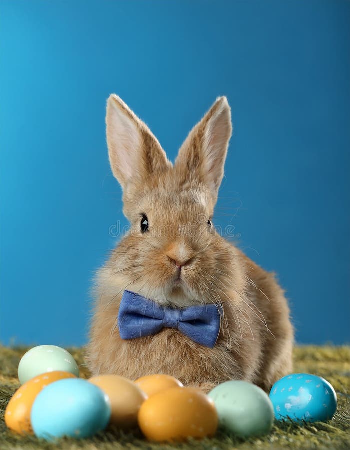 Adorable Furry Easter Bunny with Cute Bow Tie and Dyed Eggs on Color ...