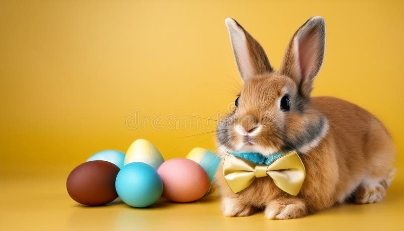 Adorable Furry Easter Bunny with Cute Bow Tie and Dyed Eggs on Color ...