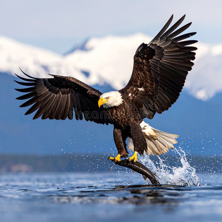 Alaska Bald Eagle Attacking a Fish. a Mature Bald Eagle Swooping in and ...