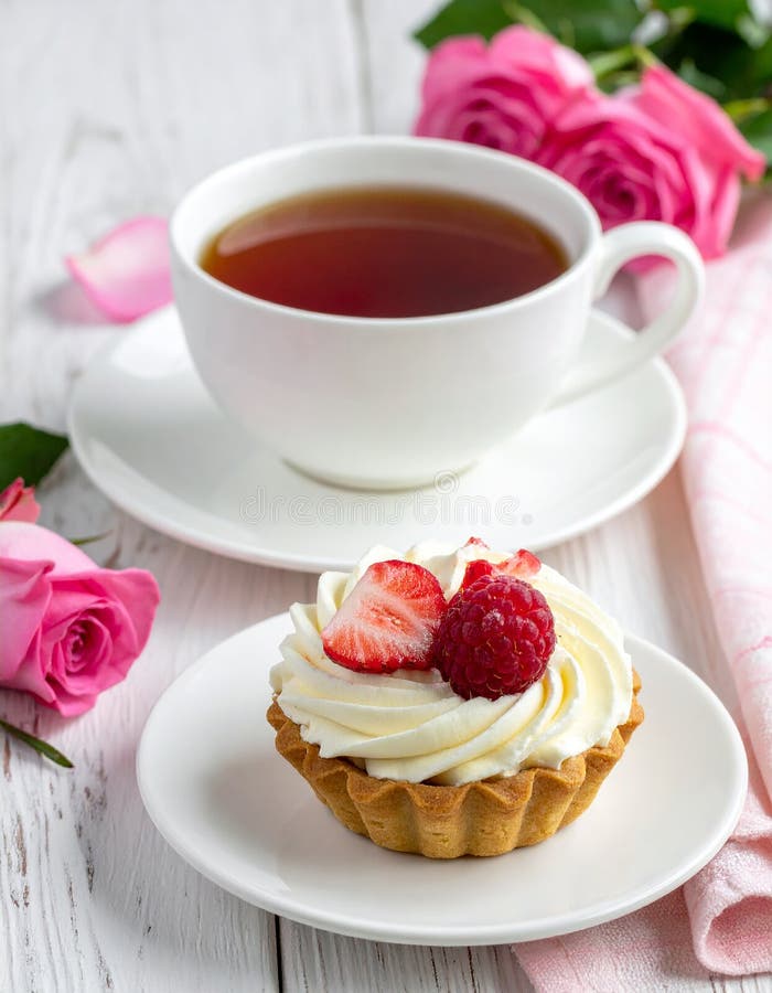 Cup of Tea and Roses. Closeup of Cup of Tea with Cake and Roses Stock ...