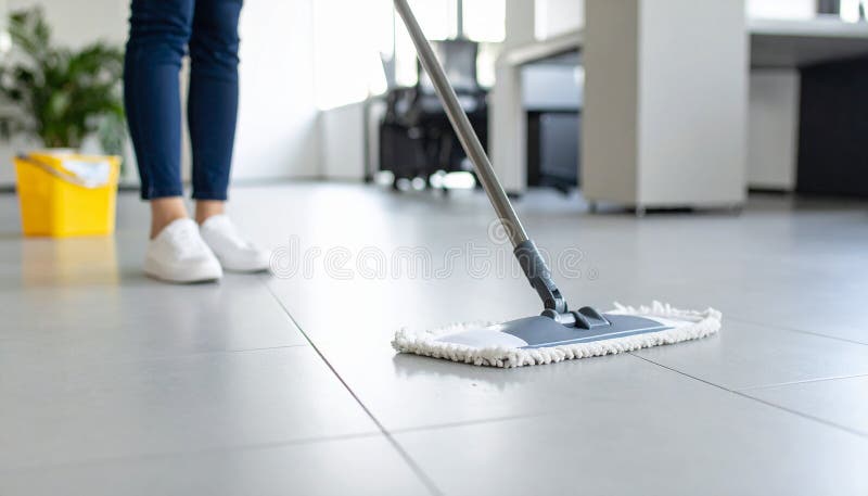 Young Woman with Mop Cleaning Floor in Office Stock Illustration ...