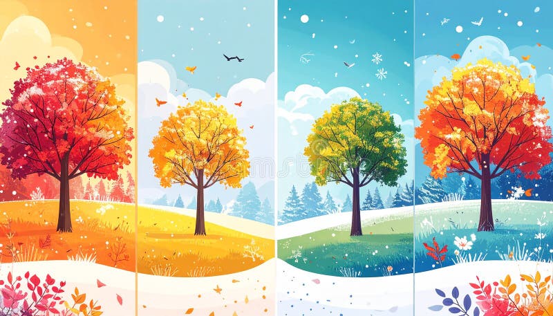 Card Design with the Four Seasons of the Year- Spring, Summer, Autumn ...