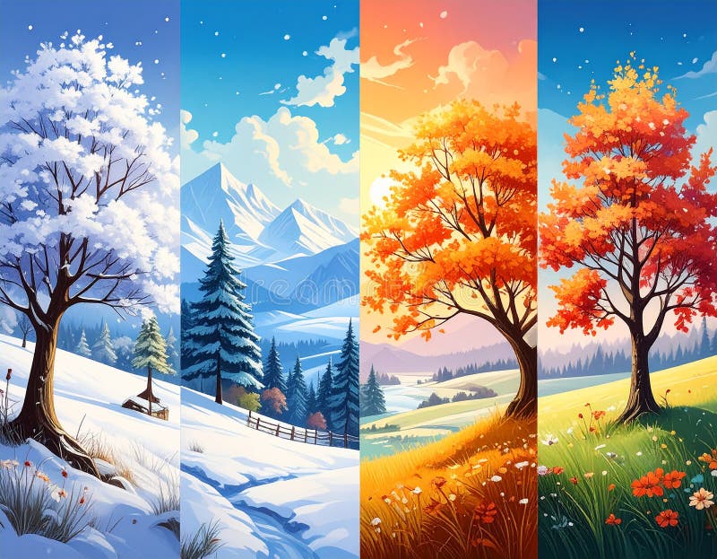 Card Design with the Four Seasons of the Year- Spring, Summer, Autumn ...