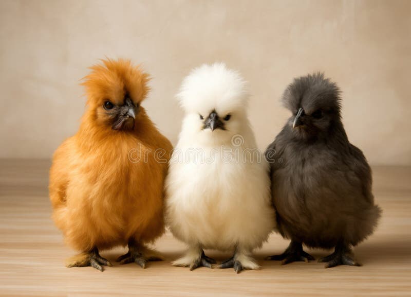 Trio of Fluffy Silkie Chickens in Ginger, White, and Black Colors ...
