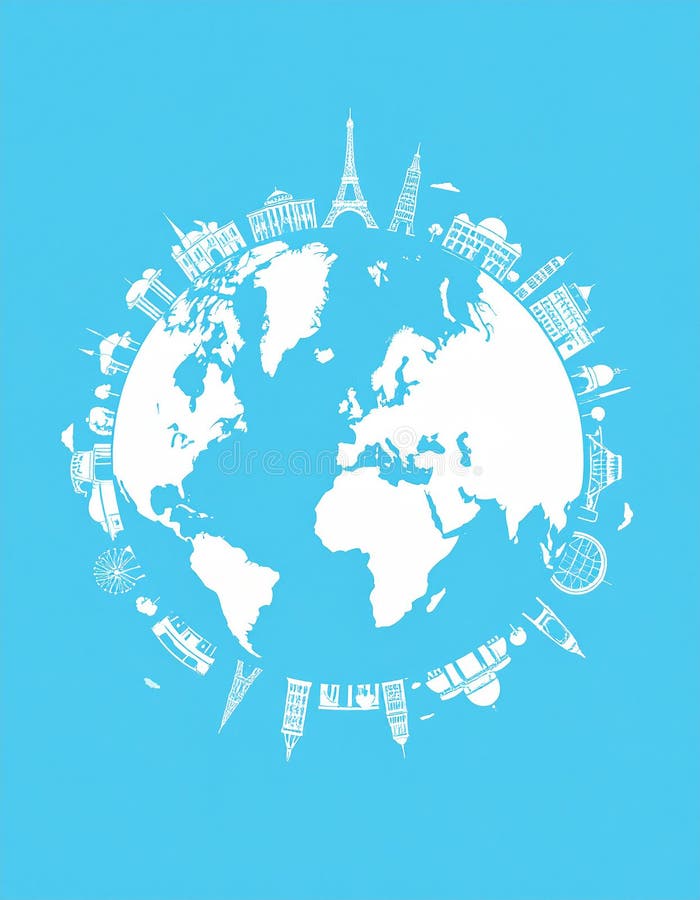 Globe with Landmark Icons. Illustrated World Globe with Famous Landmark ...