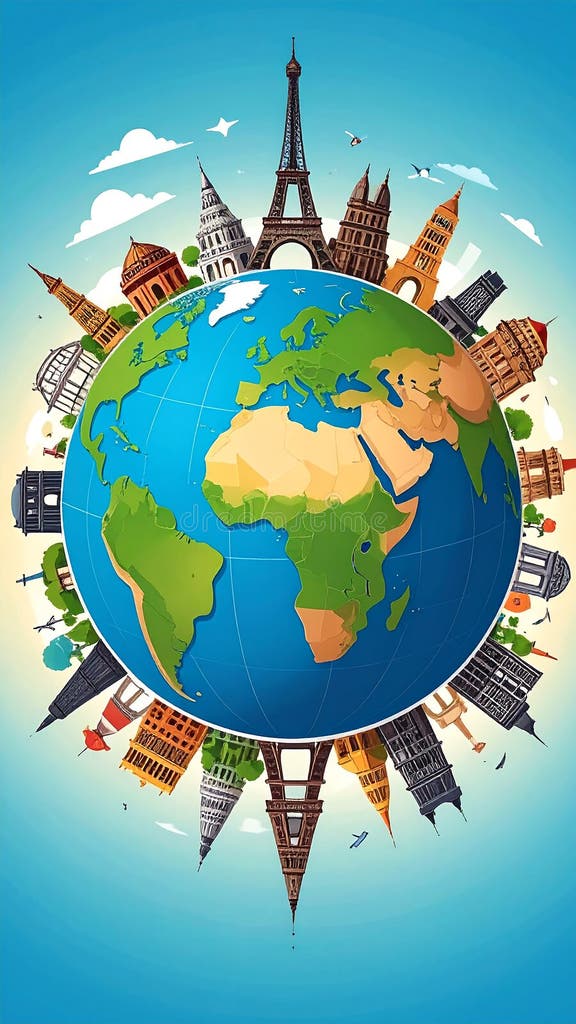 Globe with Landmark Icons. Illustrated World Globe with Famous Landmark ...