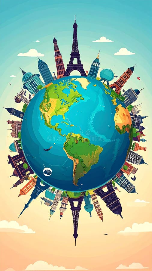 Globe with Landmark Icons. Illustrated World Globe with Famous Landmark ...