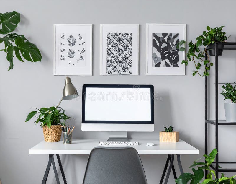 Patterned Posters Above Desk with Computer Monitor in Grey Home Office ...